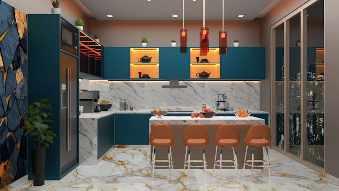 Design modular kitchen interior design with 3d renders by Skazlan | Fiverr