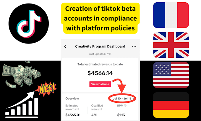 Créer un compte tiktok usa, uk, fr, ger incluant le programme créatif bêta