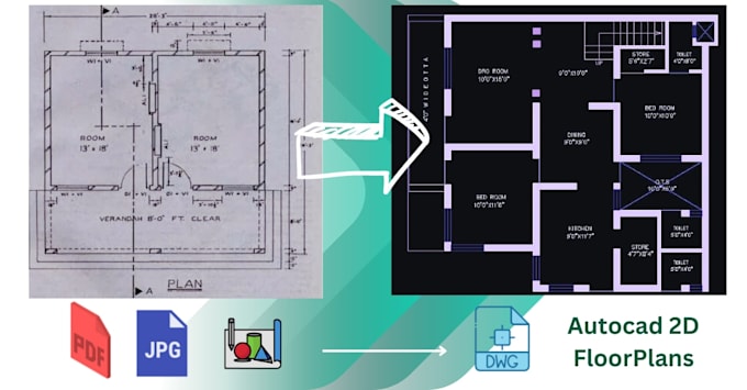 Convert hand sketch, pdf, image to 2d floor plan auto cad by Praveen_999999 | Fiverr