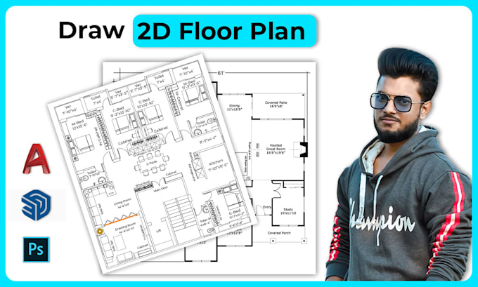 Draw or trace architectural 2d floor plan, blueprint house plan in autocad