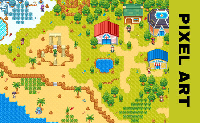 Create pixel game art pixel maps, pixel art tileset, pixel art background