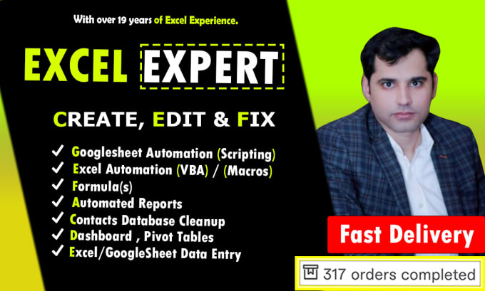 Create, fix excel formulas, macros, vba, googlesheet, dashboard as ... Create, fix excel formulas, macros, vba, googlesheet, dashboard as ...