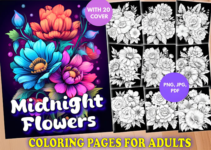 Create midnight flowers coloring pages for adult by Net_cart | Fiverr