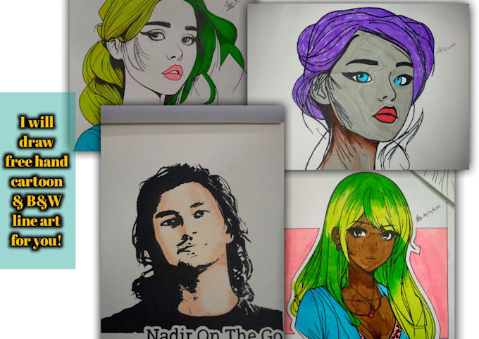 Draw free hand cartoon portrait and black white outline and threshold ...