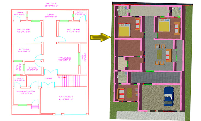 Create 2d and 3d floor plan house design render in autocad by ...