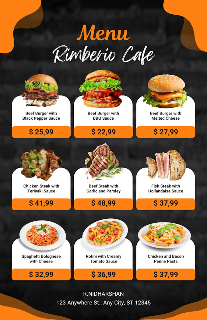 Custom food menu design for restaurants and cafes
