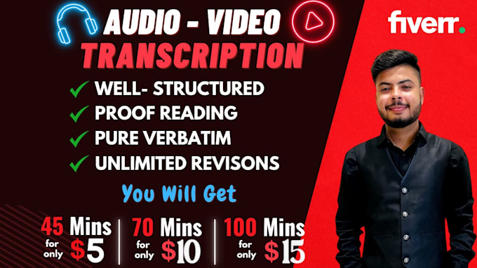 Transcribe podcast, audio, videos, youtube, zoom or interview transcription by Chiirag010 | Fiverr
