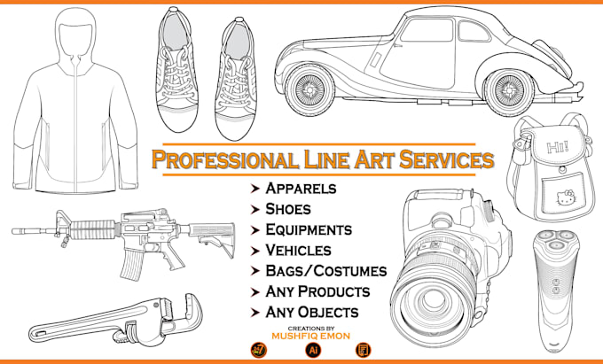 Draw detail product or object outline, line art, vector art, line ...
