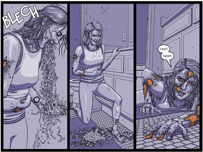 Do a horro comic page, goth comic, dark comic, gore comic illustration ...