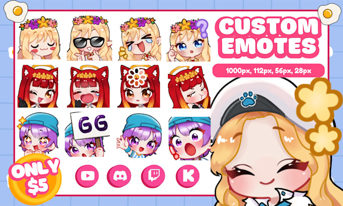 Create cute twitch chibi emotes and sub badges for vtuber