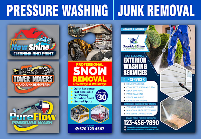 Design pressure washing, junk removal, cleaning logo, flyer and door ...