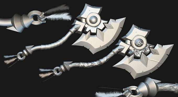 3d sculpting of weapons, guns, swords, shields, armor, and masks by ...