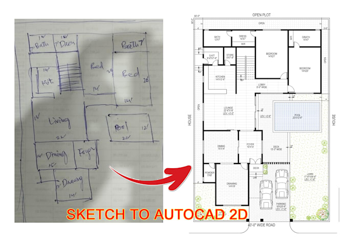 Draw autocad 2d architectural floor plan