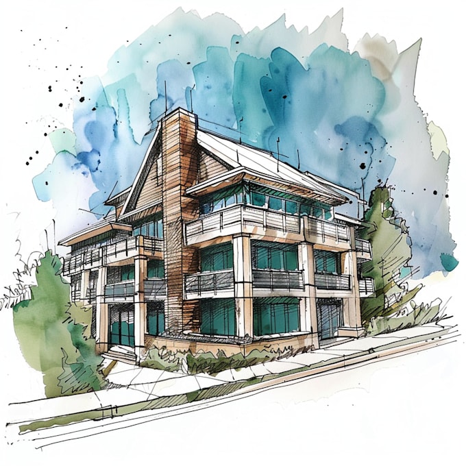 Create digital watercolor house and building illustrations by Sloolibou ...