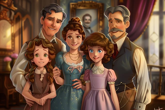 Draw disney family portrait illustration by Alettaert | Fiverr
