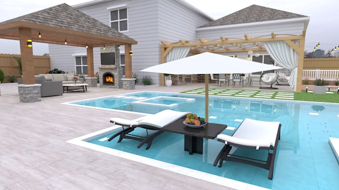 Do backyard landscape design, patio, pool with landscape rendering by ...