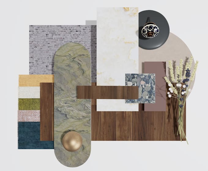 Design professional 3d material boards by Kimberlycstudio | Fiverr