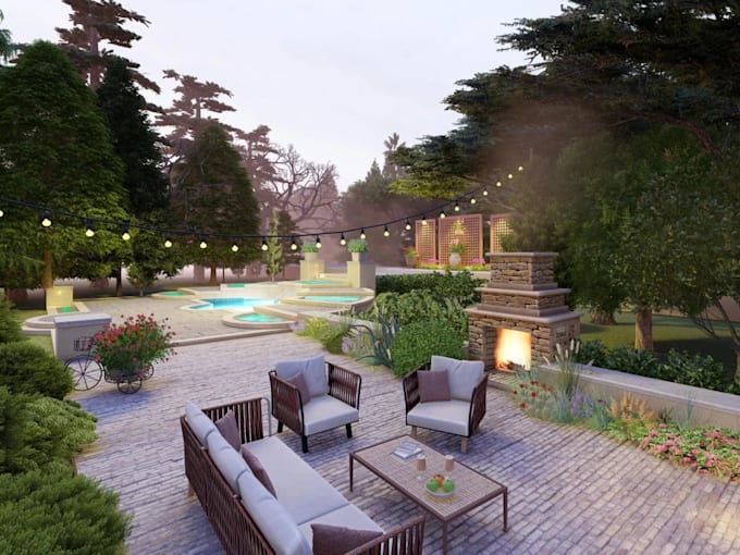 Do your landscape backyard design, front yard, garden, pool, 3d patio ...