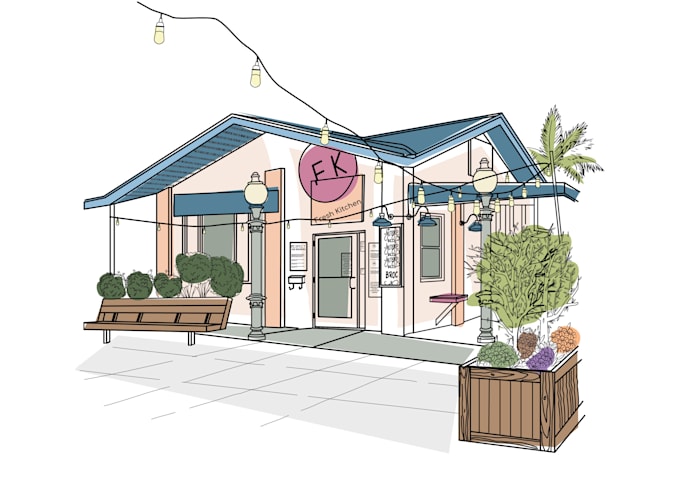 Draw line art building illustration and landscape drawing in ink and ...