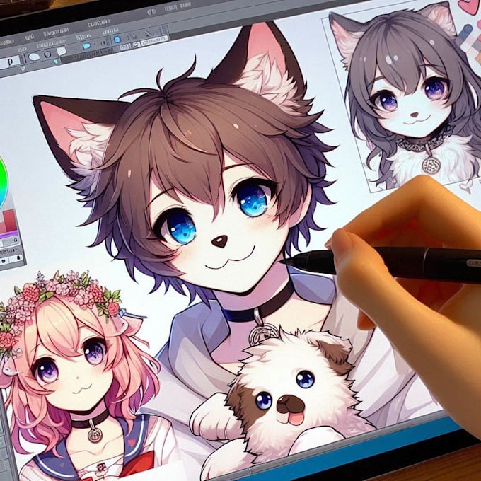 Draw anime style pet portrait character vtuber illustration giftuber oc ...