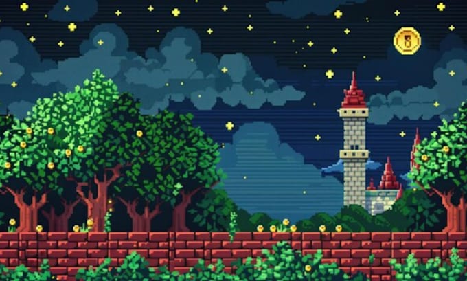 Create a pixel art game background, tileset, cutscene, game asset for ...