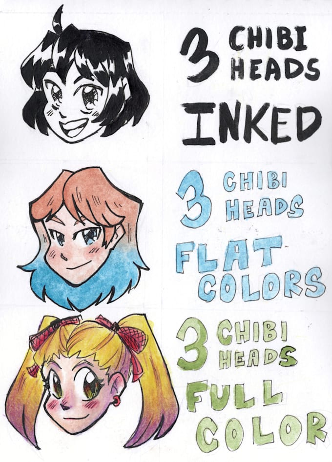Make 3 hand drawn anime chibi heads by Verymerrysioux | Fiverr