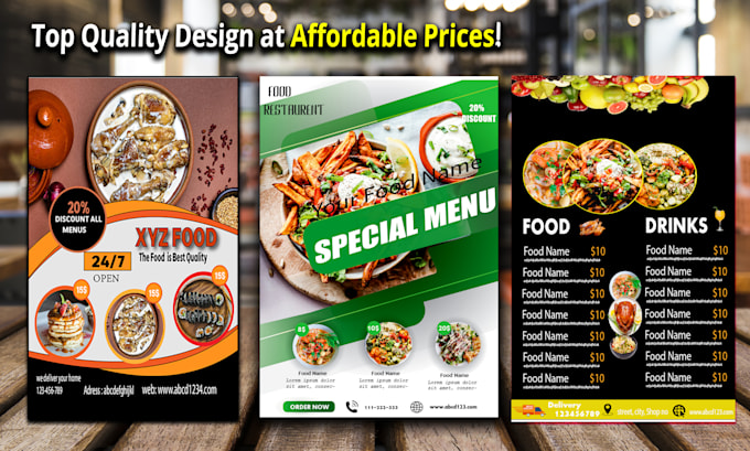 Design stunning restaurant, food menus, posters, and promotional materials