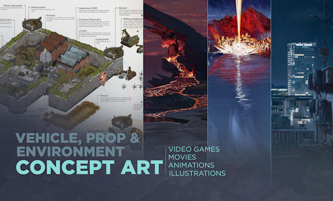 Draw concept art including environment art, prop design, vehicle and ...