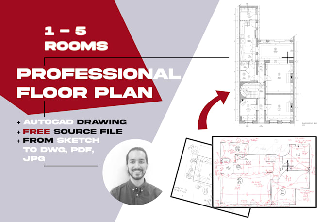 Redraw your floorplan or sketch on autocad 1 to 5 rooms by Imagein3 ...