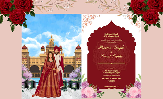 Design a cute wedding invitation card in cartoon style by ...