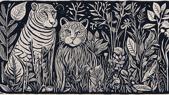 Make animal botanical linocut doodle illustration by Fionncker | Fiverr