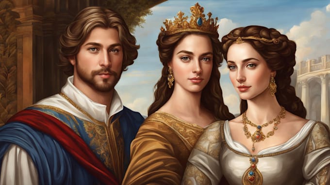 Create a royal couple portrait in renaissance painting style by Phinaea ...