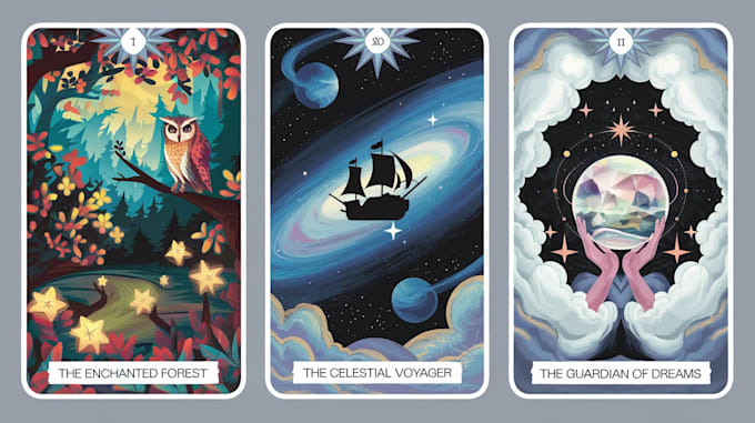 Create a tarot card game art, oracle card illustrations, tcg, zodiac ...