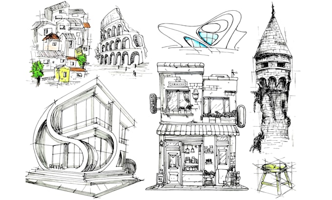 Hand draw architectural sketches for interior exterior and landscape ...