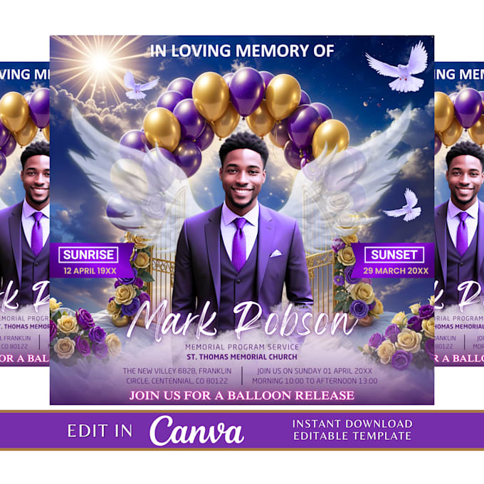 Happy heavenly birthday memorial flyer, angel wings purple template ...