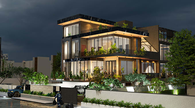 Decorate 3dmodern elevation design,exterior rendering,lawn,super mart ...