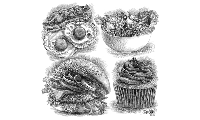 Create pen and ink illustrations of foods and drinks by Afshinaminiart ...