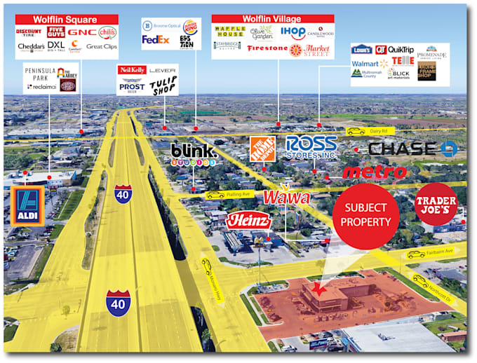 Design retail trade aerial map with site arrow, drone property boundary ...