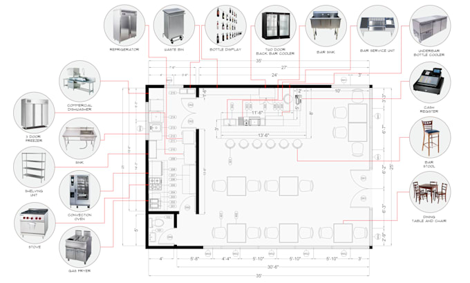 Do floor plan, city permit layout of restaurant, office, bar, retail ...