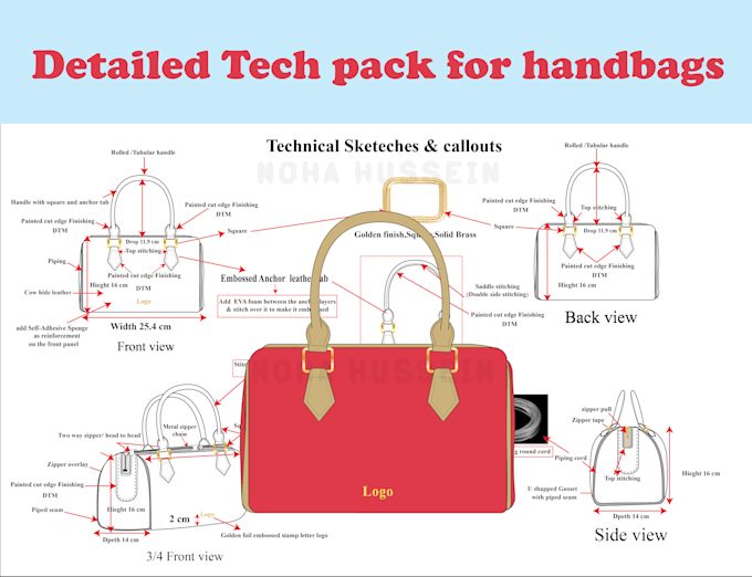 Design a detailed tech pack for your handbag by Nohaalmaz | Fiverr