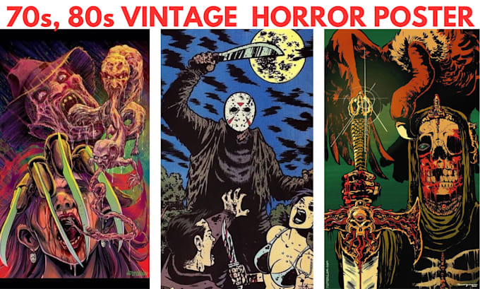 Draw 70s 80 horror poster vintage gore monster creepy metal dark art or ...