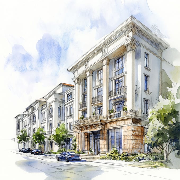 Draw architectural sketches of exterior view of buildings with ...