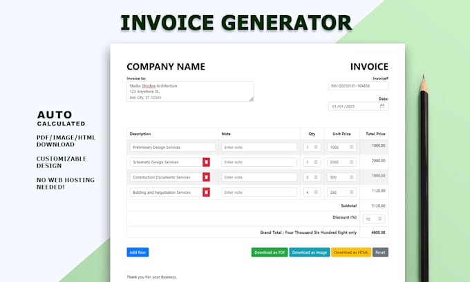 Provide auto calculated digital invoice generator by Designertweet | Fiverr