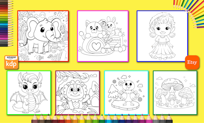 Draw kids cute kawaii line art illustrations for bold and easy coloring ...
