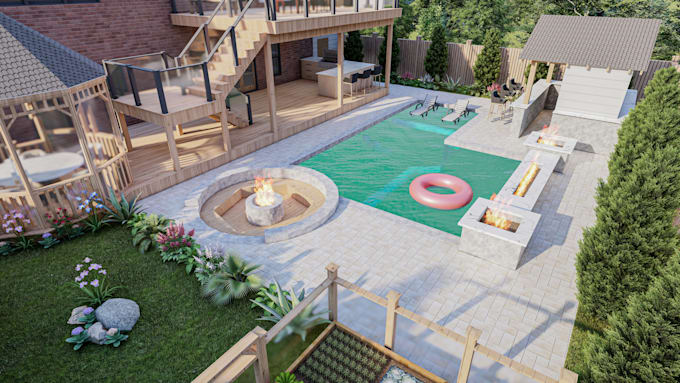 Design house backyard front garden pool patio terrace 3d realistic ...