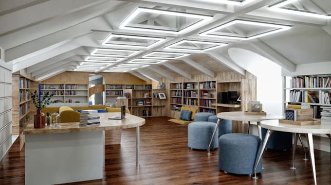Renovate library interior,private office design, cgi rendering,desk ...