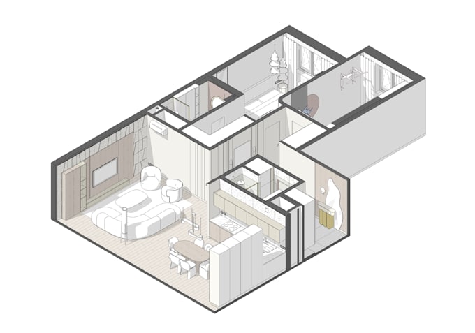 Draw floor plan, furniture layout and provide 3d axonometry by Sandrinio | Fiverr