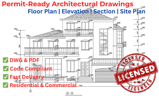 Draw site plan, architectural permit floor plan, section plan, elevation