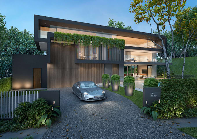 Buildup 3d house elevation, exterior mockup 8k rendering, warp roof design, pool by Shelbi ...