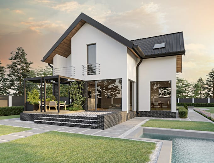 Buildup house exterior rendering,villa elevation visualization, pool walkthrough by Komiyagi ...